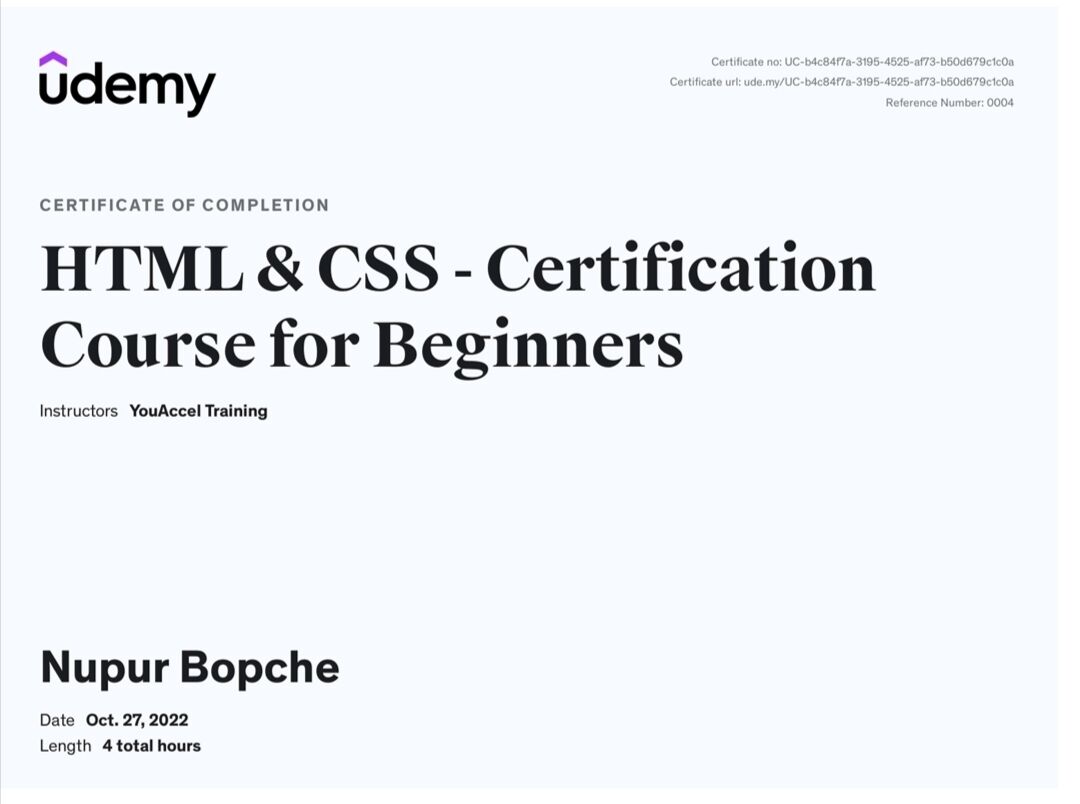 Nupur Bopche on LinkedIn: #html #css #udemy #certificateofcompletion # ... Nupur Bopche on LinkedIn: #html #css #udemy #certificateofcompletion # ...