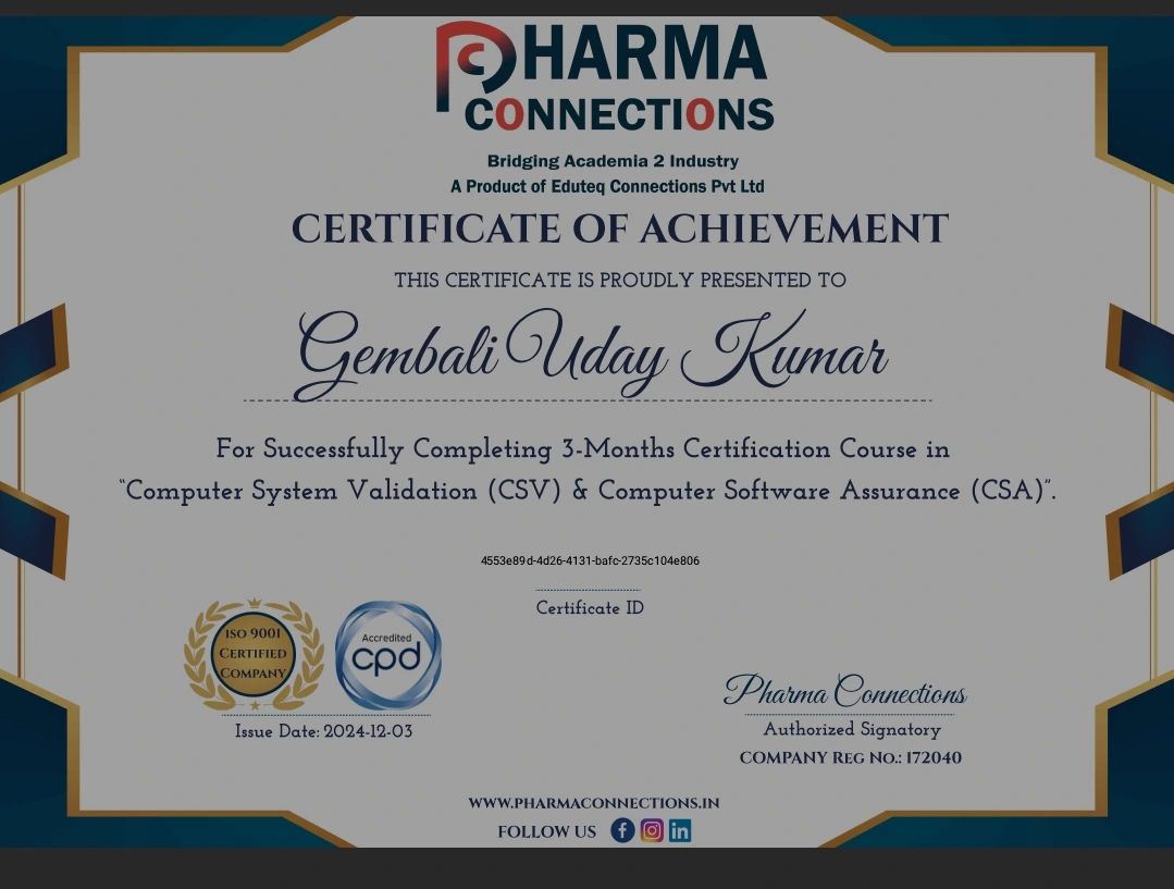 Uday Kumar on LinkedIn: completed my CSV certification Uday Kumar on LinkedIn: completed my CSV certification