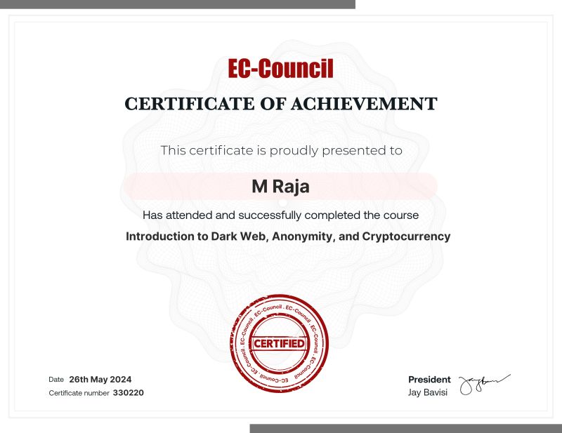 Completed Dark Web, Anonymity, and Cryptocurrency course | RAJA M ... Completed Dark Web, Anonymity, and Cryptocurrency course | RAJA M ...