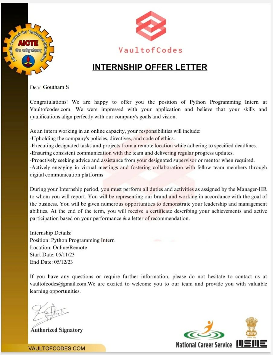 Goutham S on LinkedIn: #vaultofcodes #internship #pythonprogramming Goutham S on LinkedIn: #vaultofcodes #internship #pythonprogramming