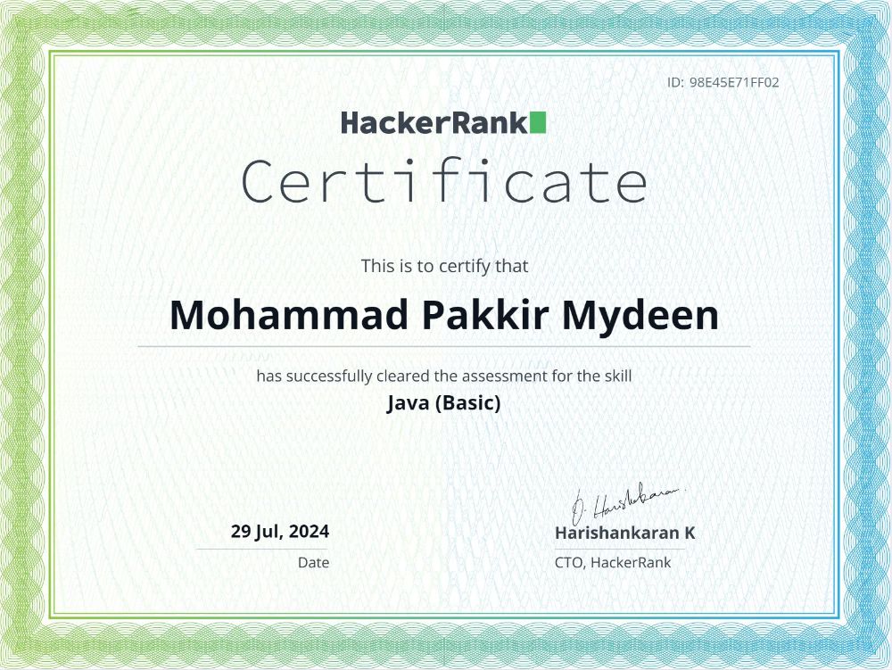 mohammad pakkir mydeen on LinkedIn: #java #hackerrank #certification # ... mohammad pakkir mydeen on LinkedIn: #java #hackerrank #certification # ...