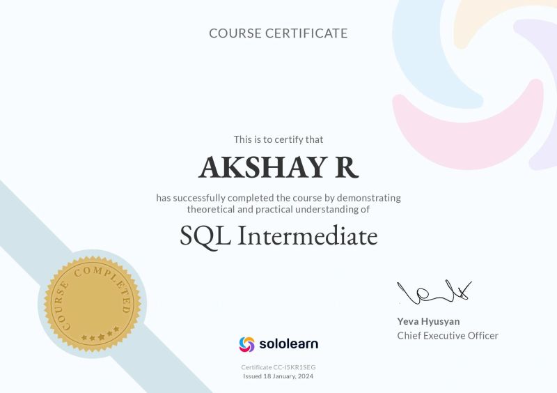 Completed MySQL Intermediate course on SoloLearn | Akshay Rajaram ... Completed MySQL Intermediate course on SoloLearn | Akshay Rajaram ...