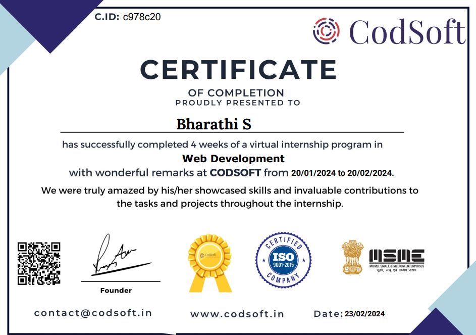 Bharathi S on LinkedIn: #webdevelopment #internship #codsoft # ... Bharathi S on LinkedIn: #webdevelopment #internship #codsoft # ...