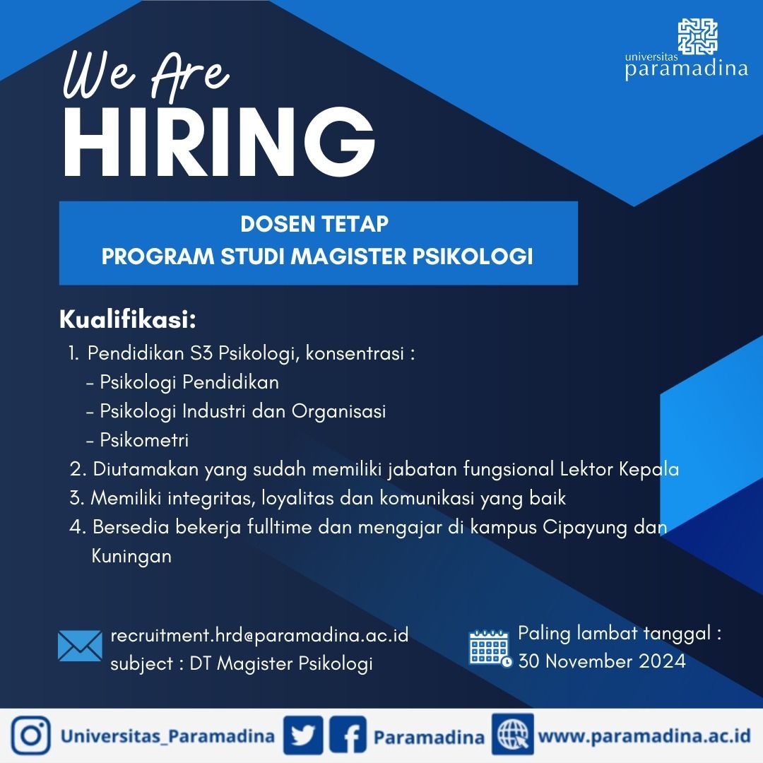 LOWONGAN DOSEN TETAP PROGRAM STUDI MAGISTER PSIKOLOGI Kualifikasi: 1 ... LOWONGAN DOSEN TETAP PROGRAM STUDI MAGISTER PSIKOLOGI Kualifikasi: 1 ...