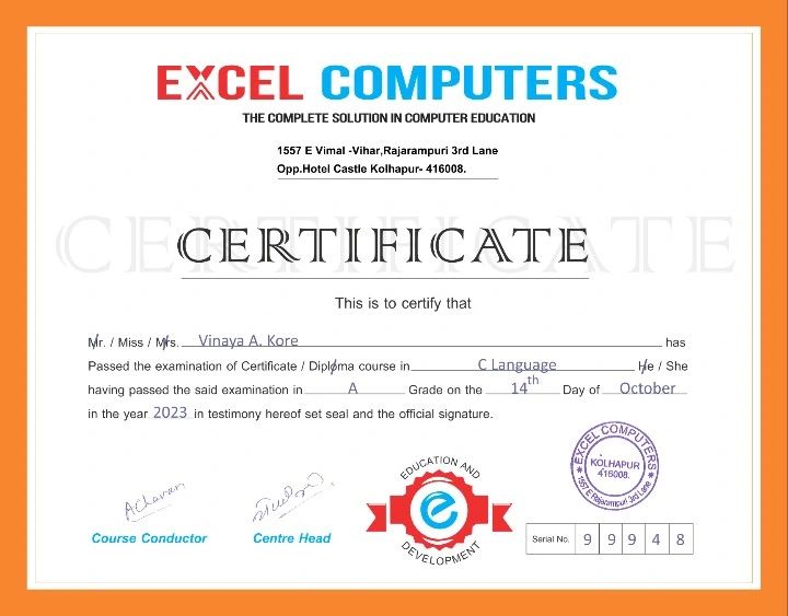 vinaya kore on LinkedIn: #cprogramming #certification #codingskills vinaya kore on LinkedIn: #cprogramming #certification #codingskills