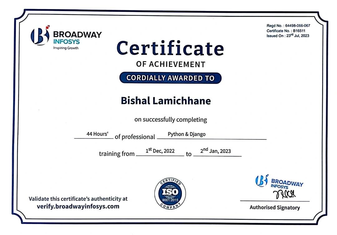 Bishal Lamichhane on LinkedIn: Successfully completed Python & Django ... Bishal Lamichhane on LinkedIn: Successfully completed Python & Django ...