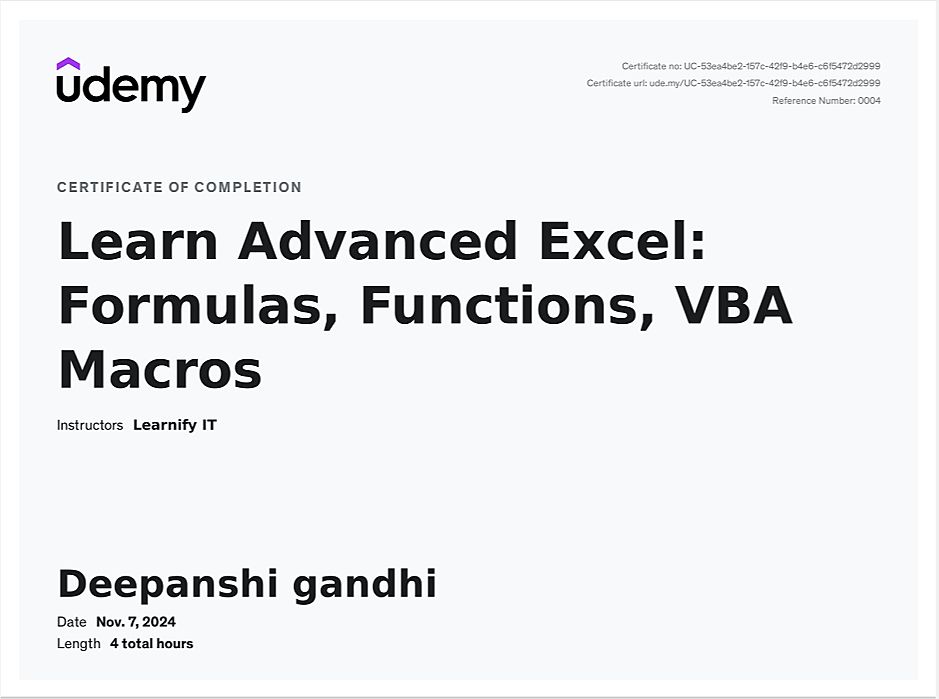Deepanshi Gandhi on LinkedIn: Advanced Excel Certificate Course with Udemy Deepanshi Gandhi on LinkedIn: Advanced Excel Certificate Course with Udemy