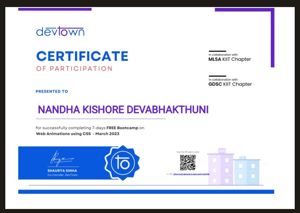 I have learnt Web Animation using CSS with the help of DevTown. I thank ... I have learnt Web Animation using CSS with the help of DevTown. I thank ...