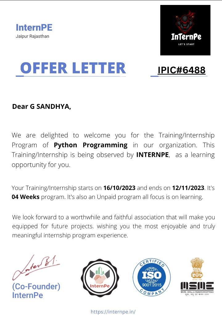 Gowni Sandhya Reddy on LinkedIn: InternPe Gowni Sandhya Reddy on LinkedIn: InternPe