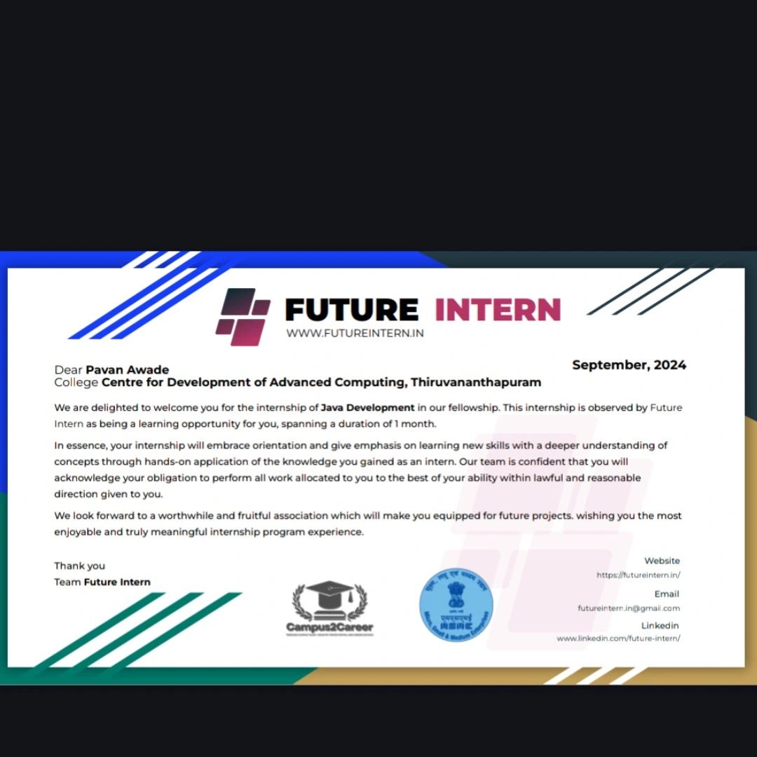 Awade Pavan on LinkedIn: #javadeveloper #internship #learning #growth #cdac Awade Pavan on LinkedIn: #javadeveloper #internship #learning #growth #cdac