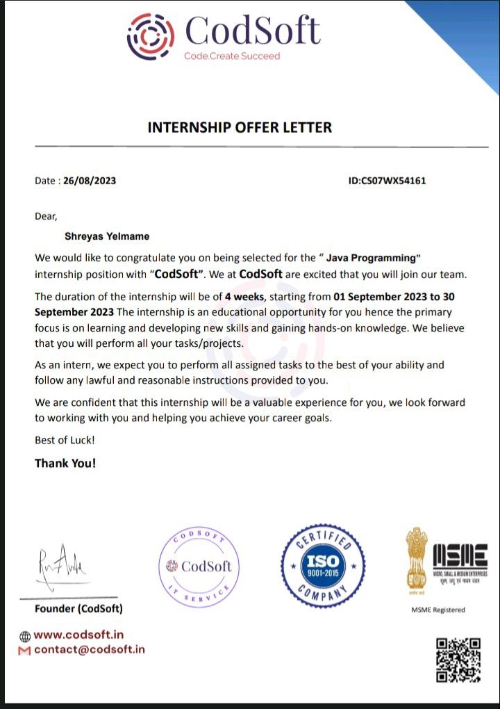 SHREYAS YELMAME on LinkedIn: Internship for Java Programming SHREYAS YELMAME on LinkedIn: Internship for Java Programming