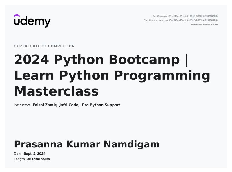Prasanna kumar Nandigam on LinkedIn: #udemy #python #bootcamp Prasanna kumar Nandigam on LinkedIn: #udemy #python #bootcamp