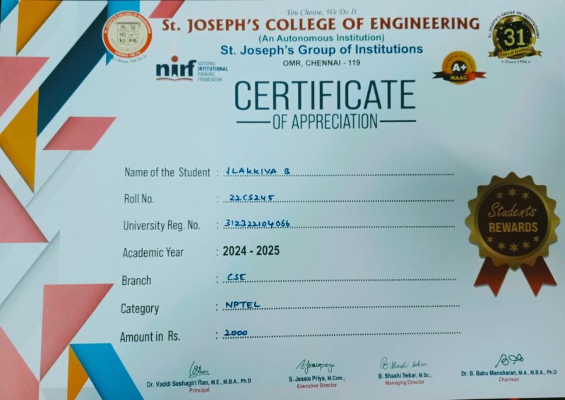 Ilakkiya baskaran on LinkedIn: #nptel #academicachievement # ... Ilakkiya baskaran on LinkedIn: #nptel #academicachievement # ...