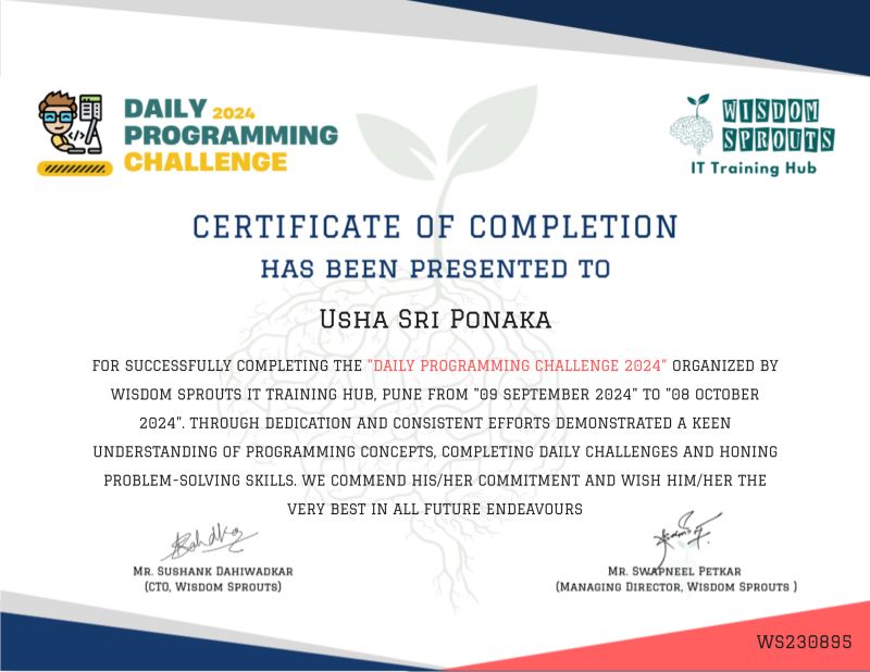 USHA SRI PONAKA on LinkedIn: #wisdomsprouts #programmingchallenge # ... USHA SRI PONAKA on LinkedIn: #wisdomsprouts #programmingchallenge # ...