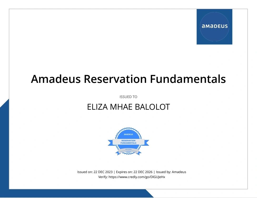 Eliza Mhae Buenaflor Balolot on LinkedIn: Finally received my Amadeus ... Eliza Mhae Buenaflor Balolot on LinkedIn: Finally received my Amadeus ...