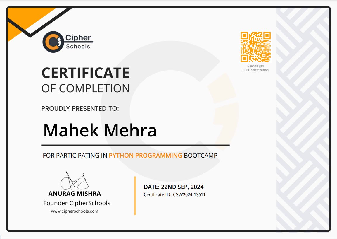 Mahek Mehra on LinkedIn: #python #bootcamp #learning #weekendvibes # ... Mahek Mehra on LinkedIn: #python #bootcamp #learning #weekendvibes # ...