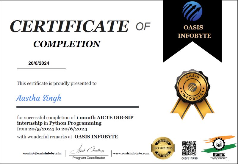 Aastha Singh on LinkedIn: #learning #python #oasisinfobyte Aastha Singh on LinkedIn: #learning #python #oasisinfobyte