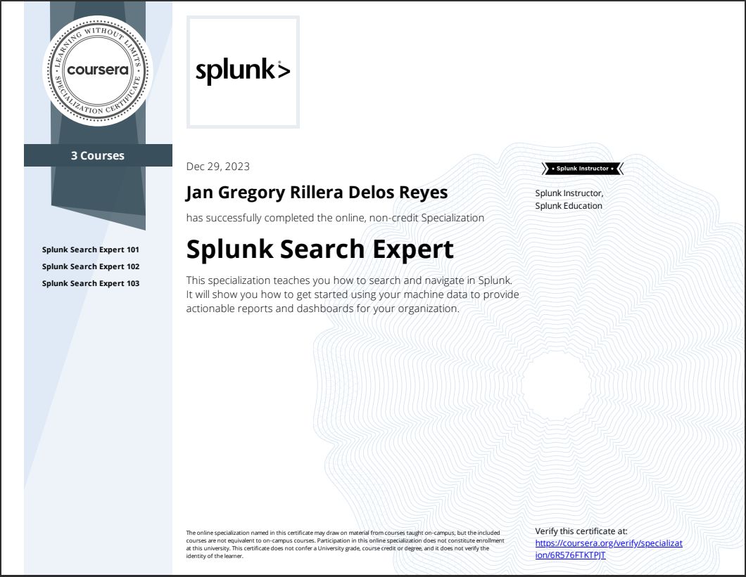 Jan Gregory Delos Reyes on LinkedIn: In preparation to take the Splunk ... Jan Gregory Delos Reyes on LinkedIn: In preparation to take the Splunk ...