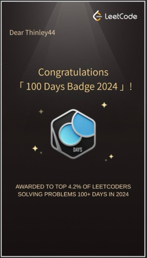 Thinley Lama on LinkedIn: Completed the 2024 100 Days of LeetCode 🚀 Thinley Lama on LinkedIn: Completed the 2024 100 Days of LeetCode 🚀