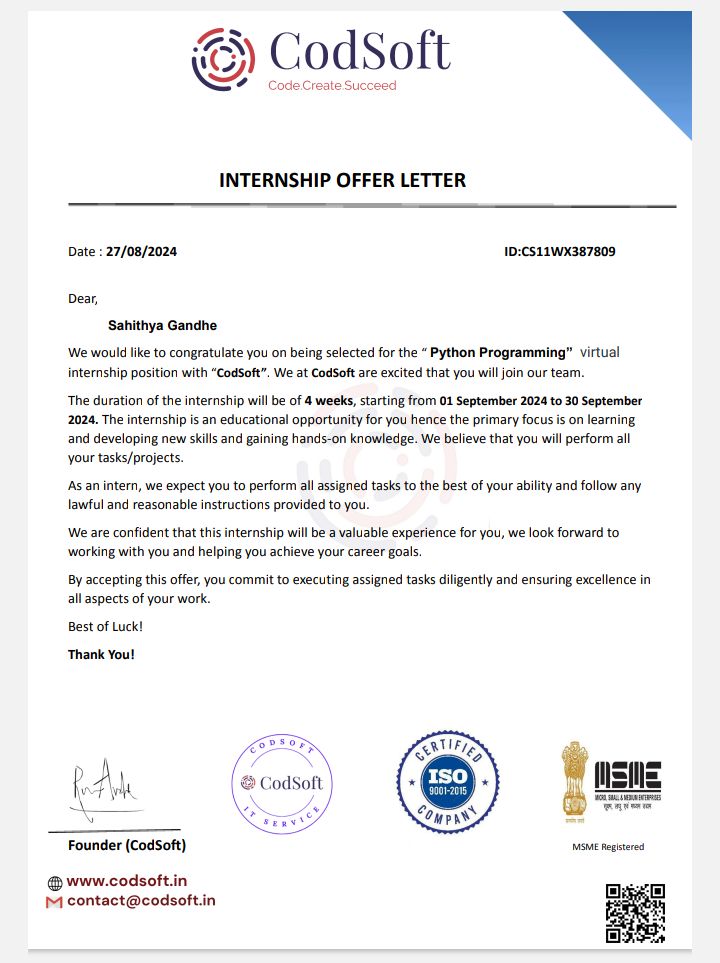 sahithya g on LinkedIn: #intership #python #codsoft sahithya g on LinkedIn: #intership #python #codsoft