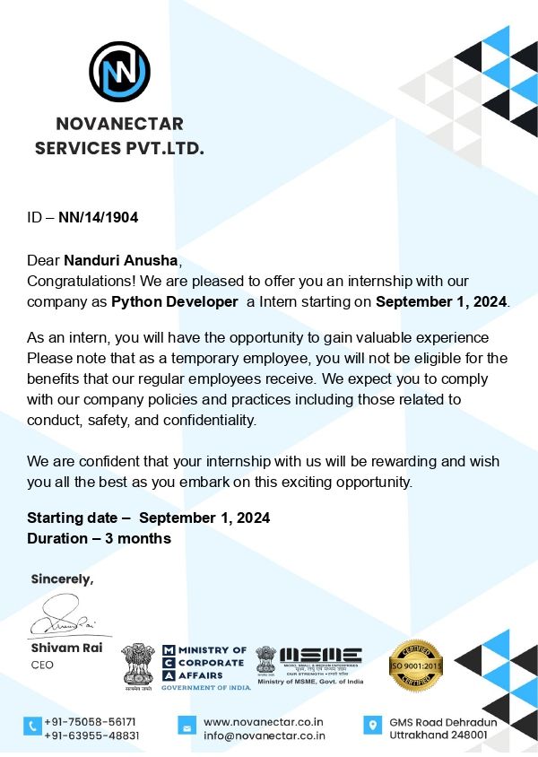 Nanduri Anusha on LinkedIn: #internship #pythondeveloper #careergrowth ... Nanduri Anusha on LinkedIn: #internship #pythondeveloper #careergrowth ...
