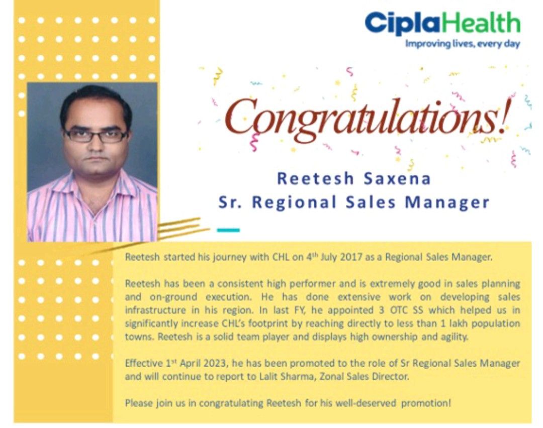 Promoted as Sr. RSM. | Reetesh Saxena | 62 comments Promoted as Sr. RSM. | Reetesh Saxena | 62 comments