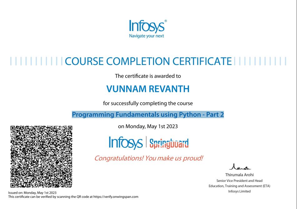 VUNNAM REVANTH on LinkedIn: #python #infosysspringboard # ... VUNNAM REVANTH on LinkedIn: #python #infosysspringboard # ...