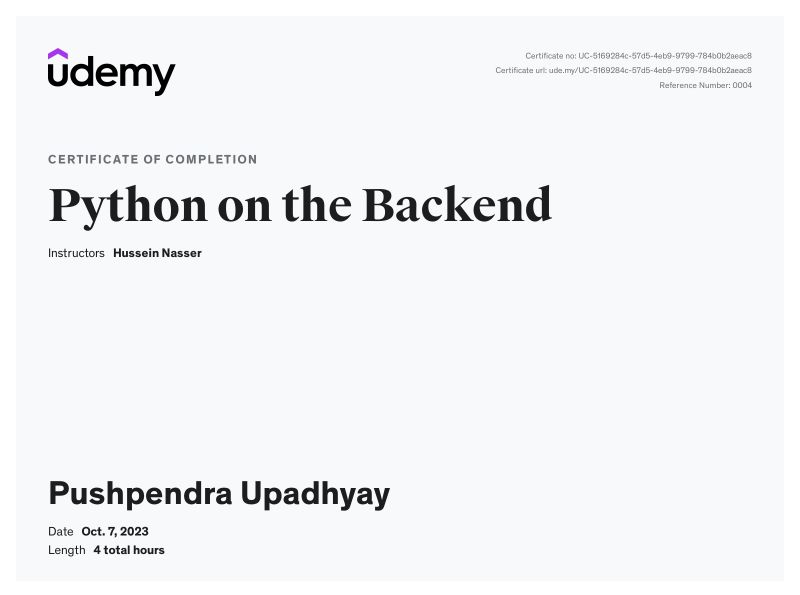 Completed 'Python on the Backend' course by Hussein Nasser | Pushpendra ... Completed 'Python on the Backend' course by Hussein Nasser | Pushpendra ...