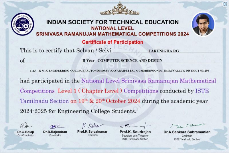 Tarunigha R.G on LinkedIn: #mathematics #iste #ramanujan #grateful # ... Tarunigha R.G on LinkedIn: #mathematics #iste #ramanujan #grateful # ...