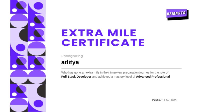 🎉 Earned the Extra Mile Certificate from Remasto, achieving Advanced ... 🎉 Earned the Extra Mile Certificate from Remasto, achieving Advanced ...