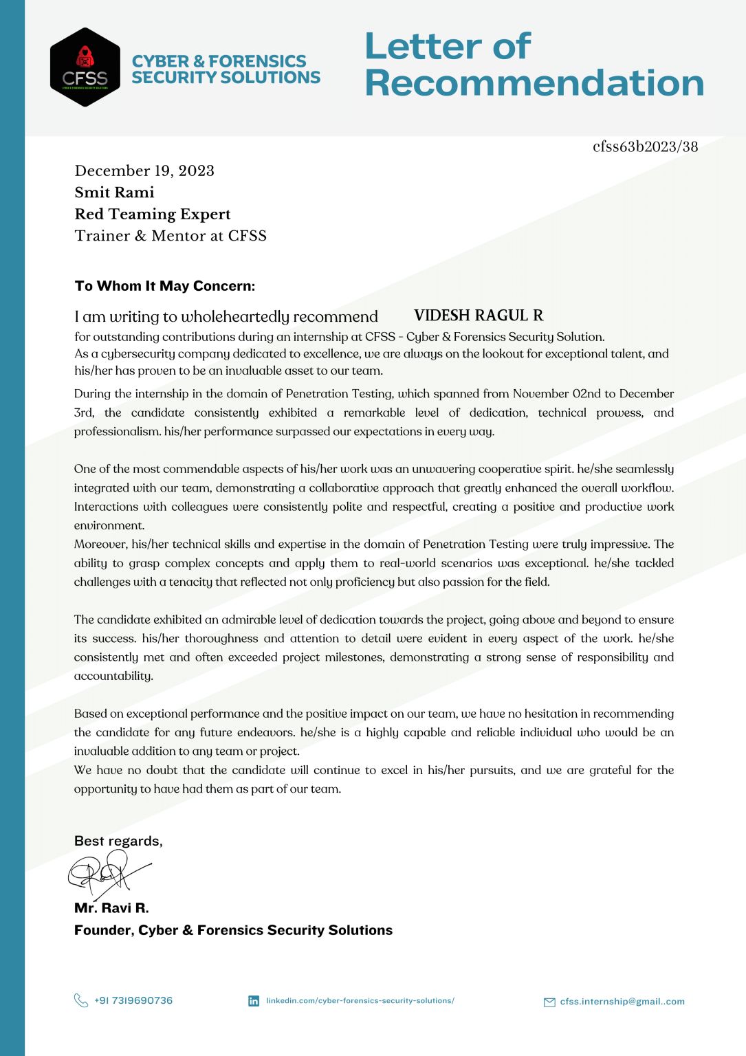 VIDESH RAGUL on LinkedIn: #cybersecurity #internship #cfss VIDESH RAGUL on LinkedIn: #cybersecurity #internship #cfss