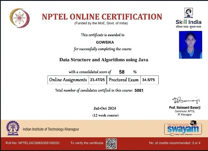Gowsika S.A. on LinkedIn: #nptelcertificate #datastructures #algorithms ... Gowsika S.A. on LinkedIn: #nptelcertificate #datastructures #algorithms ...