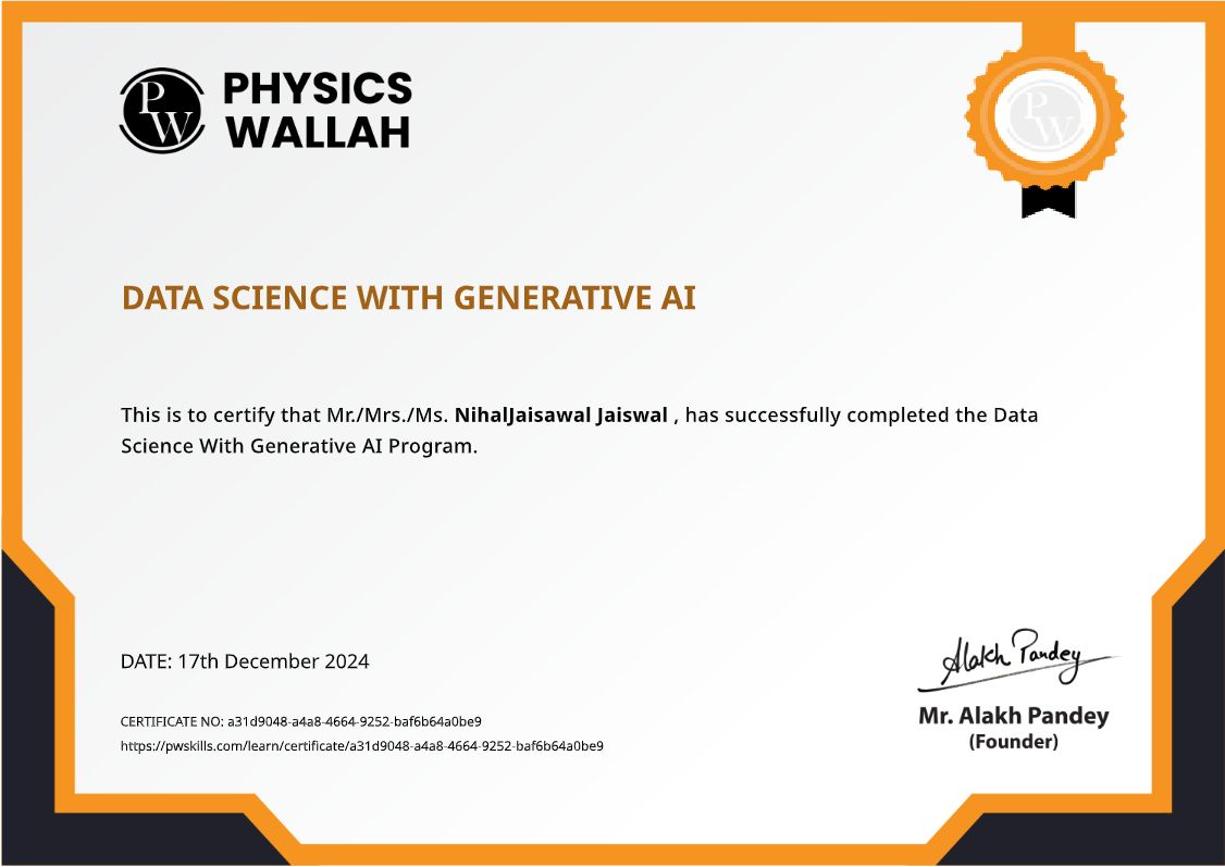 Nihal Jaiswal on LinkedIn: #certificate #datascience #generativeai # ... Nihal Jaiswal on LinkedIn: #certificate #datascience #generativeai # ...