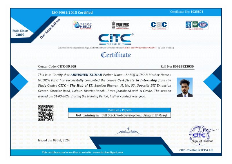 I got Full stack web development internship certificate. | Abhishek Kumar I got Full stack web development internship certificate. | Abhishek Kumar