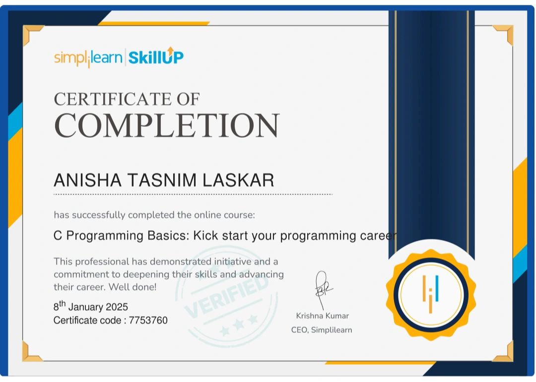 Anisha Tasnim Laskar on LinkedIn: #cprogramming #certification # ... Anisha Tasnim Laskar on LinkedIn: #cprogramming #certification # ...