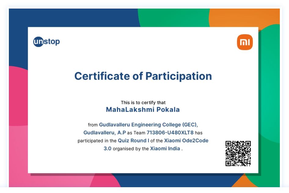 Maha Lakshmi Pokala on LinkedIn: #unstop #xiaomi #xiaomiindia #ode2code3 Maha Lakshmi Pokala on LinkedIn: #unstop #xiaomi #xiaomiindia #ode2code3