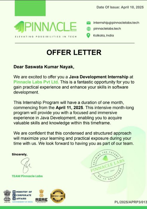 Excited to join Pinnacle Labs as a Java Development Intern | Saswata ... Excited to join Pinnacle Labs as a Java Development Intern | Saswata ...