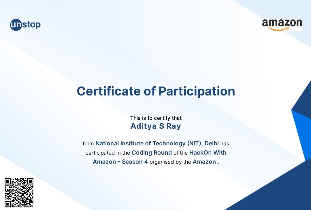 Aditya S Ray on LinkedIn: #hackonwithamazon #coding #nitdelhi #amazon # ... Aditya S Ray on LinkedIn: #hackonwithamazon #coding #nitdelhi #amazon # ...