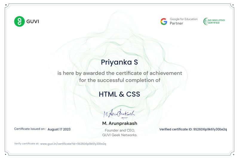 Priyanka Subash on LinkedIn: #certified #html #css #webdevelopment #guvi Priyanka Subash on LinkedIn: #certified #html #css #webdevelopment #guvi