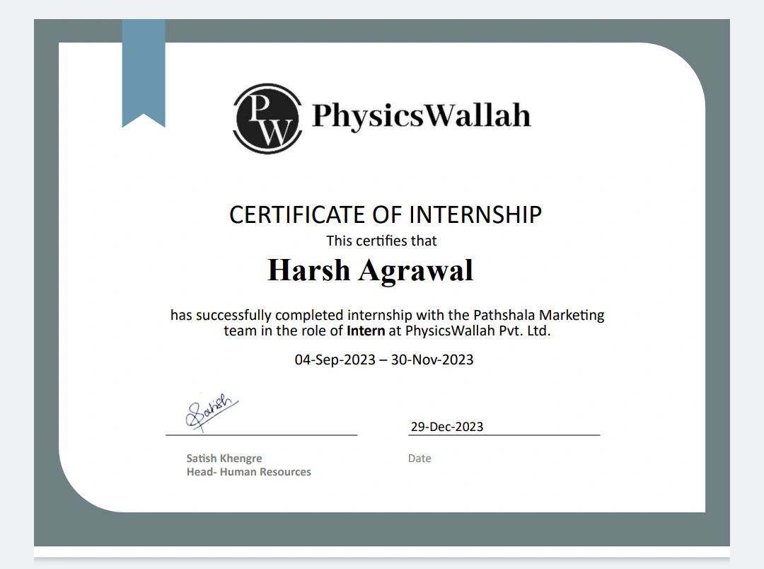 Harsh Agarwal on LinkedIn: #certification #internship #professionalgrowth Harsh Agarwal on LinkedIn: #certification #internship #professionalgrowth