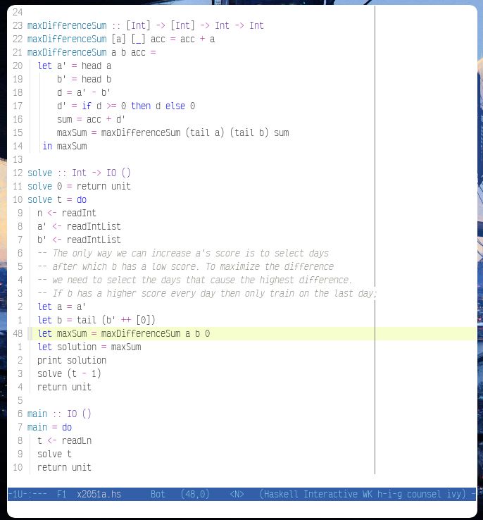 Solved Codeforces 2051A in Haskell. Learned about using let/in in pure ... Solved Codeforces 2051A in Haskell. Learned about using let/in in pure ...