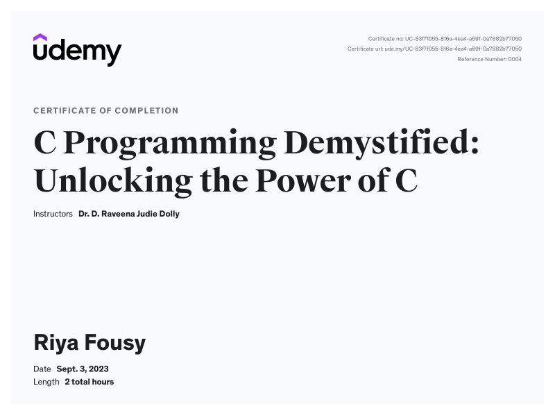 Earned Udemy C Programming Certification | Riya Fousy posted on the ... Earned Udemy C Programming Certification | Riya Fousy posted on the ...