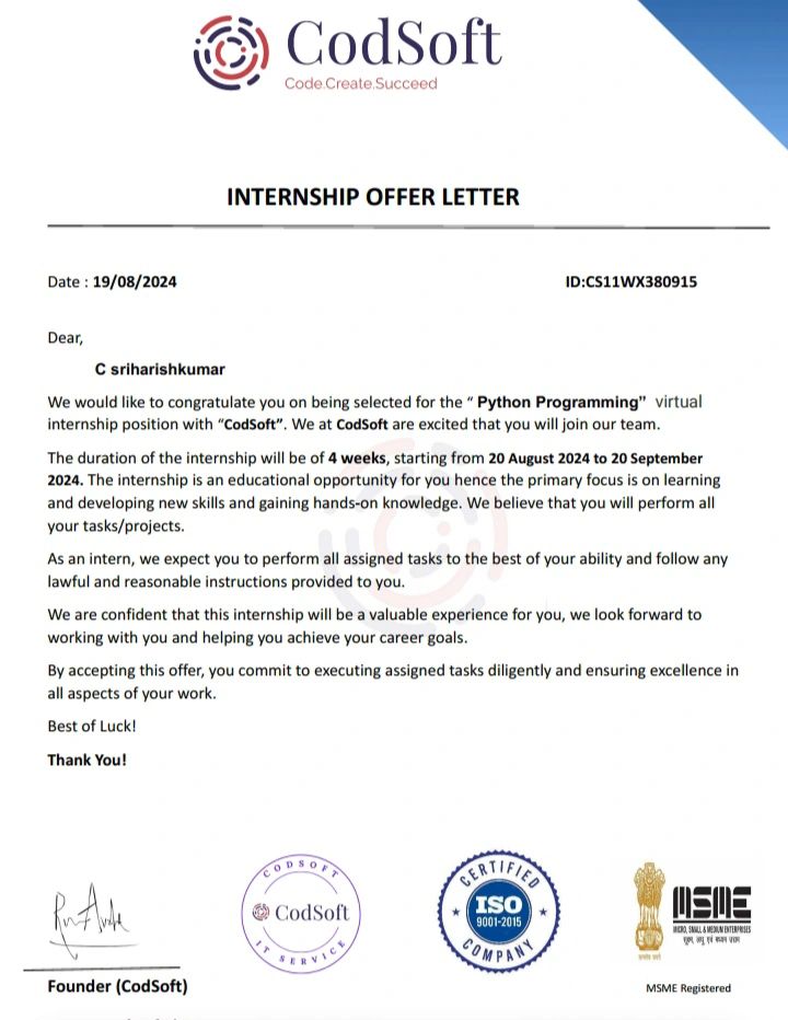 sri Harish kumar on LinkedIn: internship offer letter for Codsoft sri Harish kumar on LinkedIn: internship offer letter for Codsoft