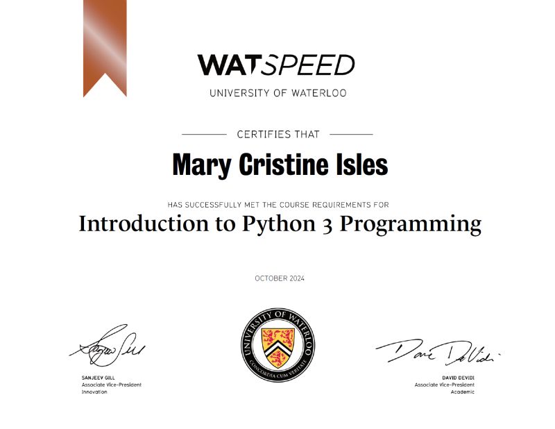 Mary Cristine Isles on LinkedIn: #python #programming #certification Mary Cristine Isles on LinkedIn: #python #programming #certification