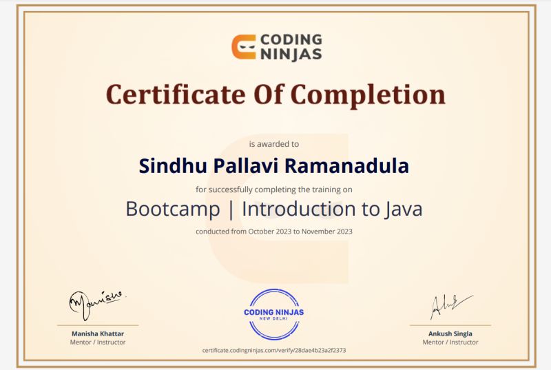 Sindhu Pallavi on LinkedIn: #java #codingninjas #bootcampcomplete Sindhu Pallavi on LinkedIn: #java #codingninjas #bootcampcomplete