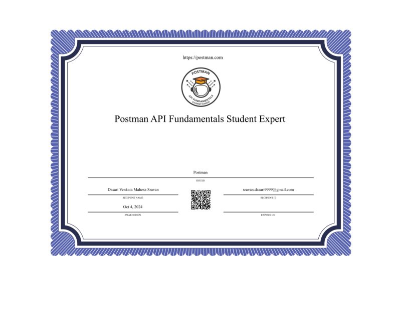 Sravan Dasari on LinkedIn: #postman #tech #certificate Sravan Dasari on LinkedIn: #postman #tech #certificate