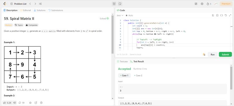 Balaji Devargudi on LinkedIn: Day 31 DSA leetCode 59. Spiral Matrix II ... Balaji Devargudi on LinkedIn: Day 31 DSA leetCode 59. Spiral Matrix II ...