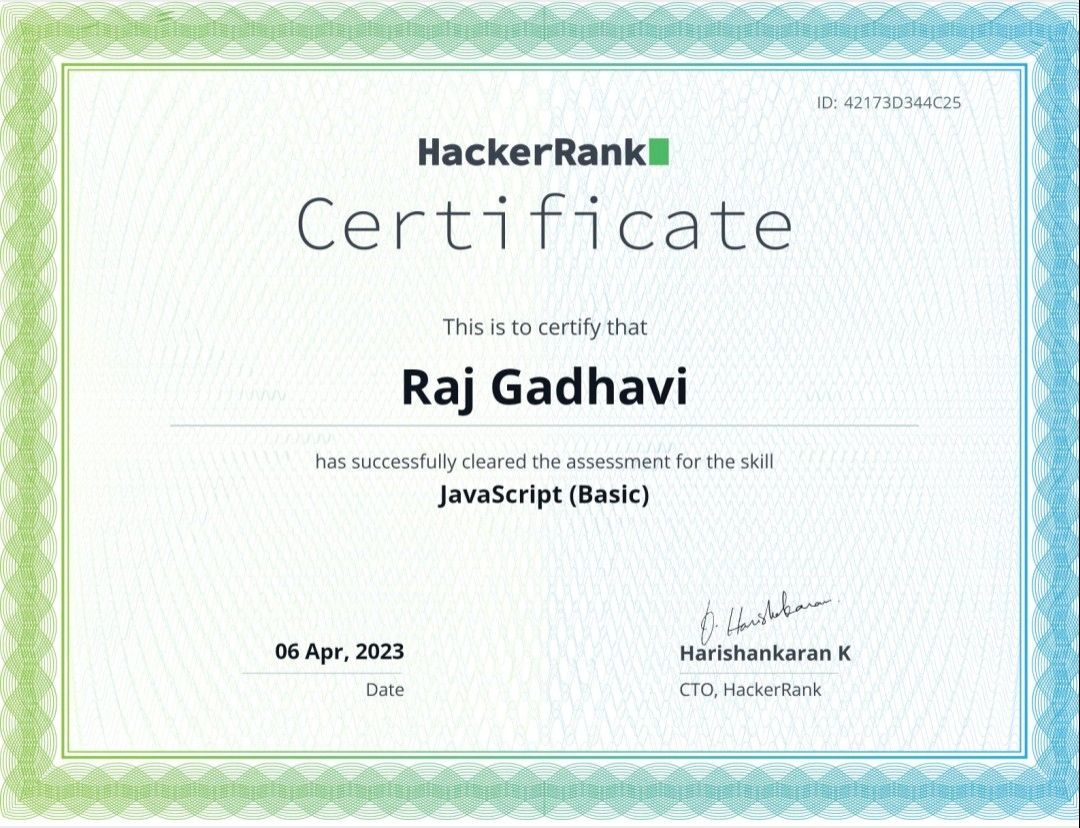 Raj Gadhavi on LinkedIn: #hackerrank #javascript Raj Gadhavi on LinkedIn: #hackerrank #javascript