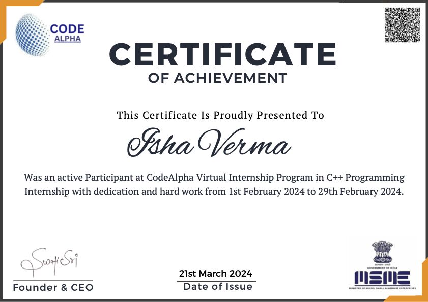 Isha Verma on LinkedIn: #codealpha #cpp #internship #continuouslearning ... Isha Verma on LinkedIn: #codealpha #cpp #internship #continuouslearning ...
