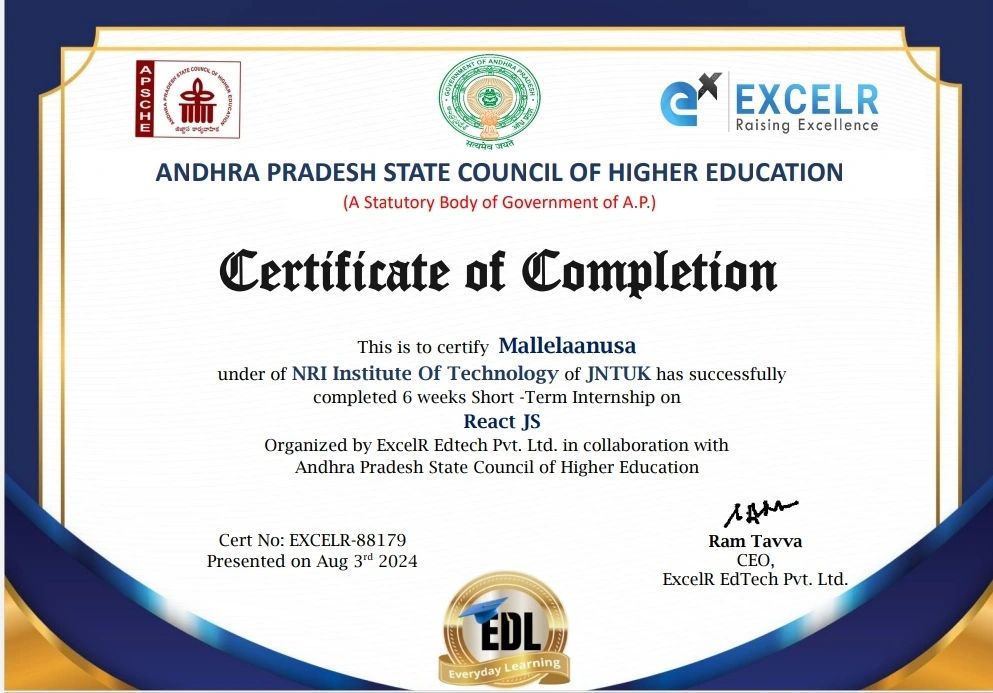 Anusha Mallela on LinkedIn: #reactjs #internshipcompletion Anusha Mallela on LinkedIn: #reactjs #internshipcompletion
